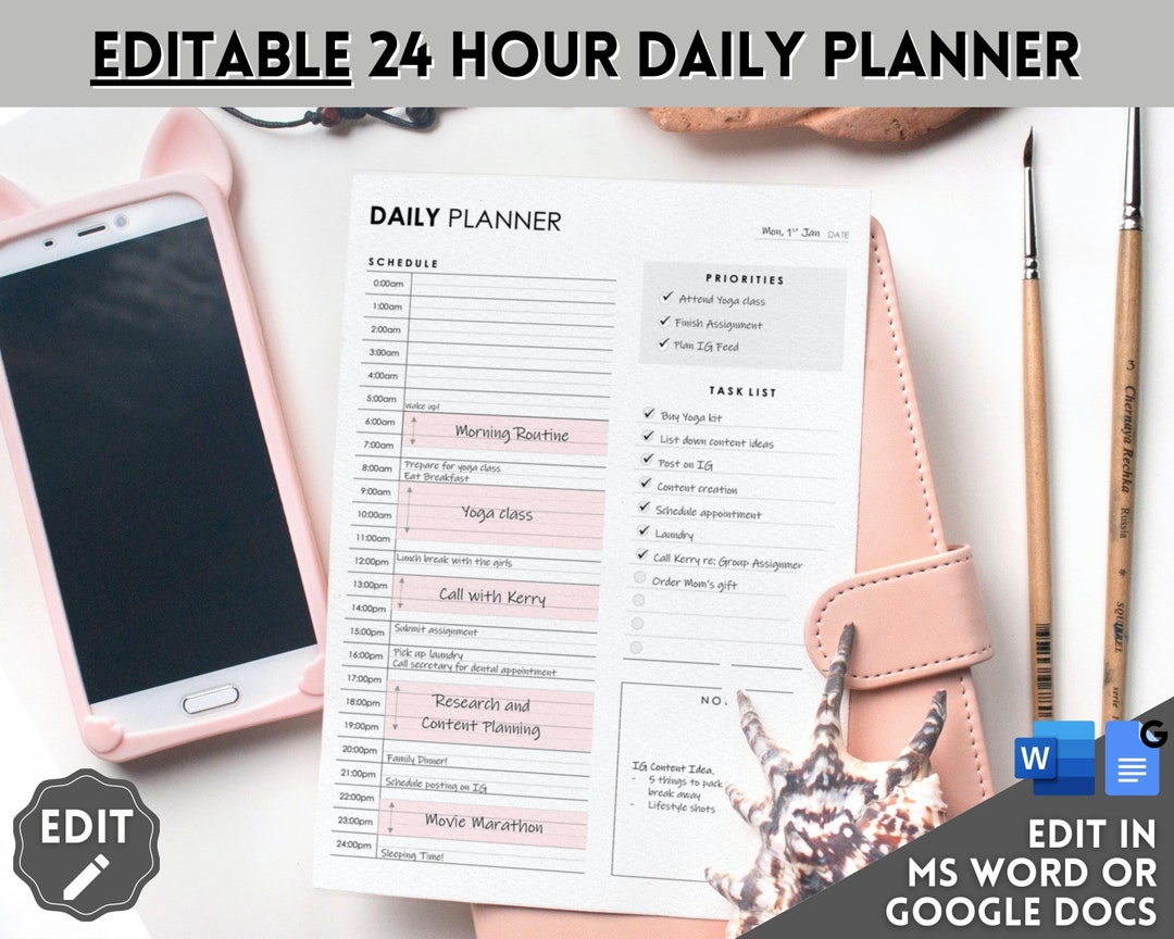 24 Hour Daily Planner, EDITABLE Template, Hourly Planner, to Do List ...