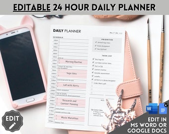 24 Hour Daily Planner, EDITABLE Template, Hourly Planner, to Do List ...