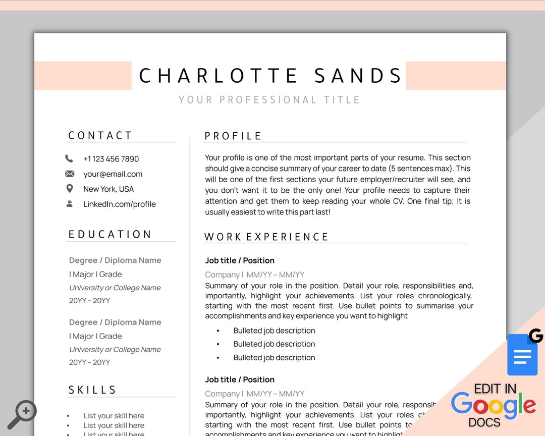 Professional Resume Template for GOOGLE DOCS. CV Template Professional ...