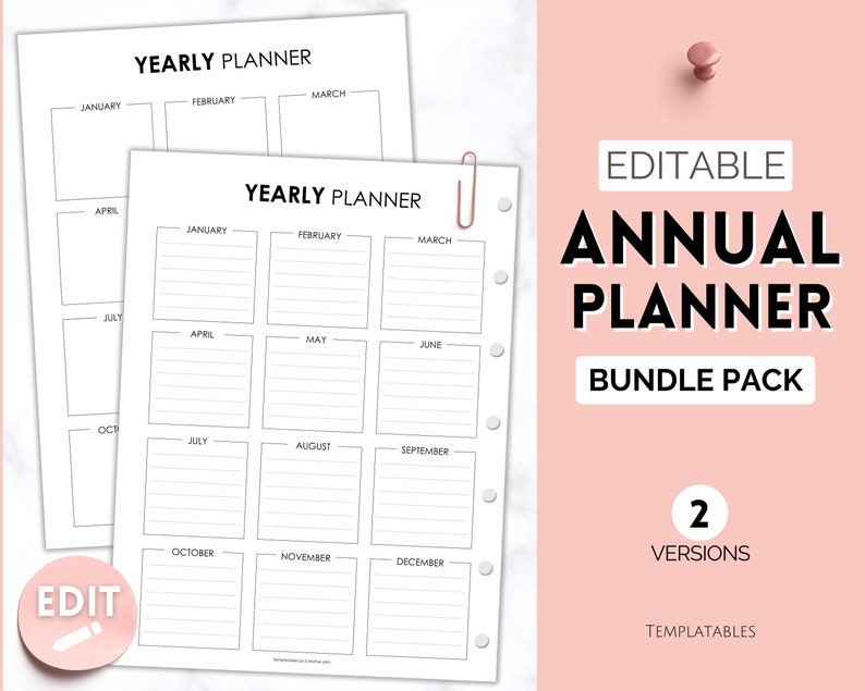 Yearly Overview Editable Yearly Planner Year at a Glance - Etsy