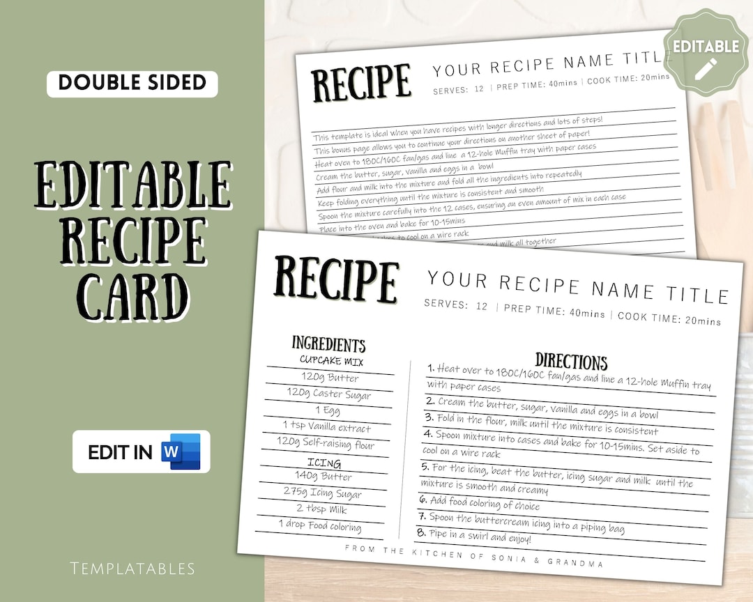 EDITABLE Recipe Card Template, Recipe Template, Recipe Cards Printable ...