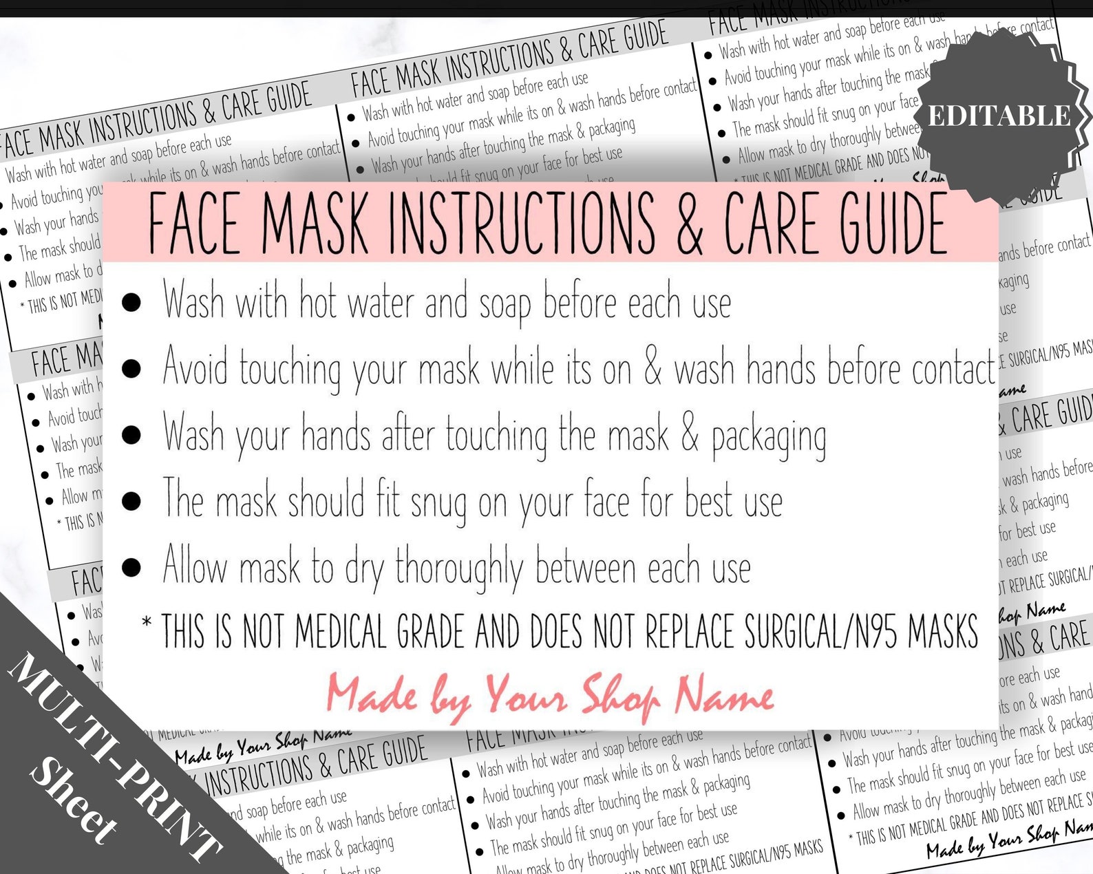 EDITABLE Face Mask LABEL Care Card How to Handle Order Card | Etsy