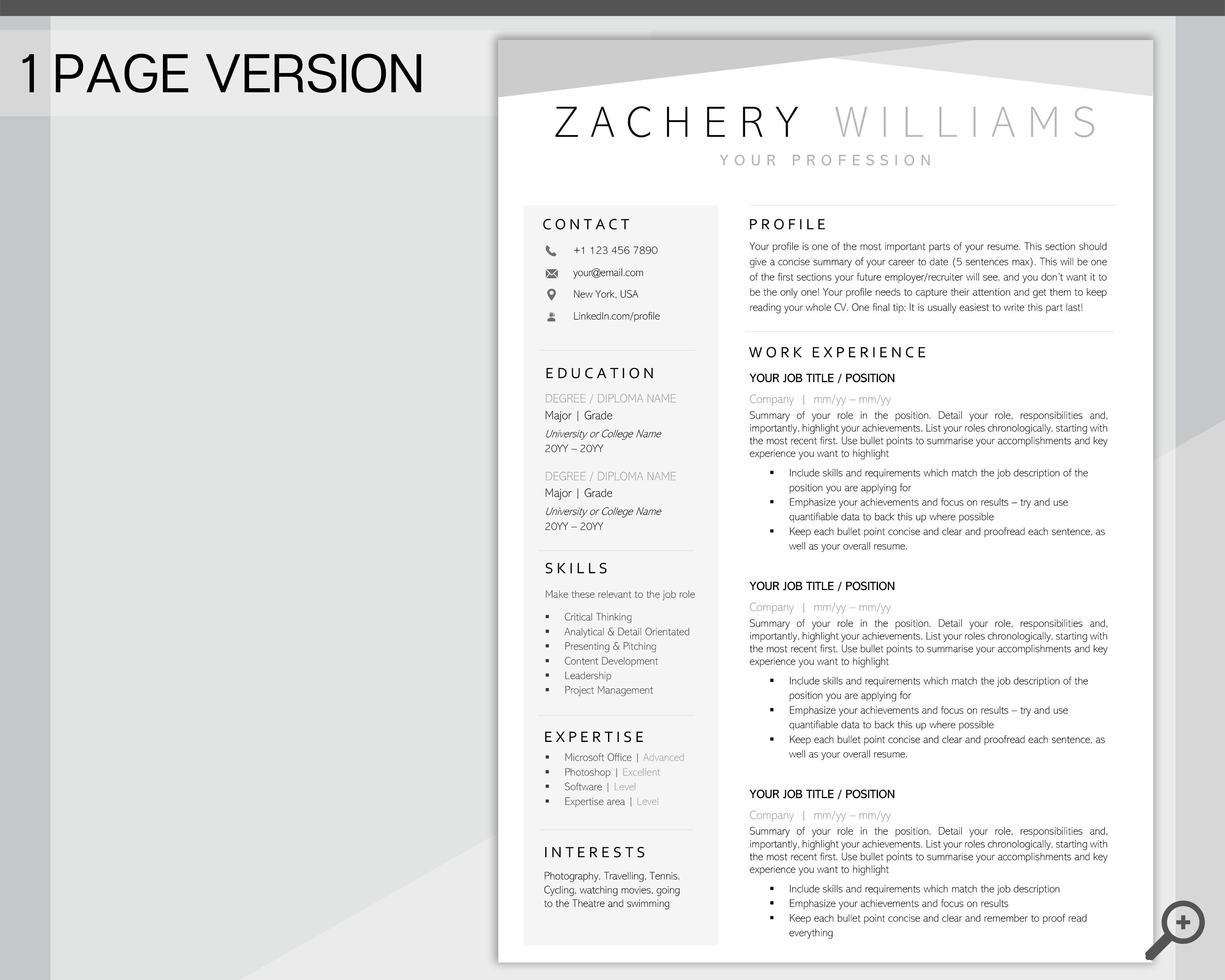 ONE Page Resume Template Word. CV Template Professional Cv | Etsy