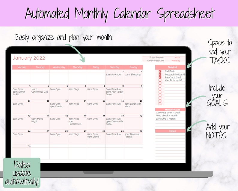EDITABLE Monthly Calendar Monthly Planner Template Automated - Etsy