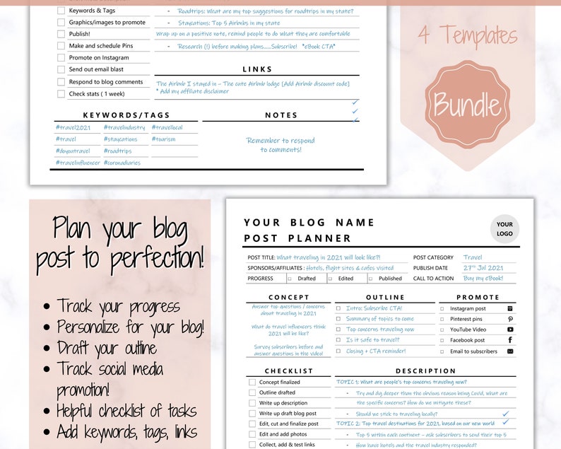 Blog Post Planner Templates EDITABLE Blogger Bundle Blog - Etsy