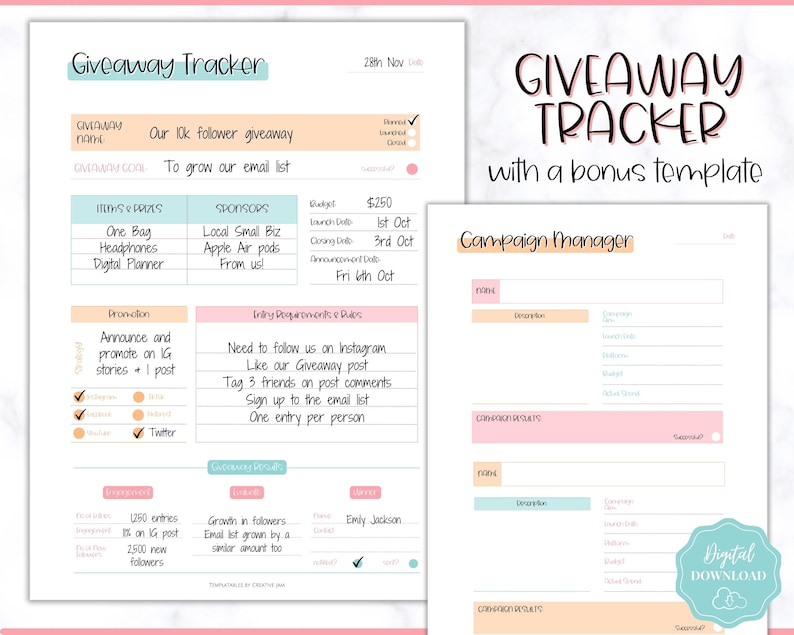 Giveaway Template, Social Media Planner, Printable Giveaway Tracker ...