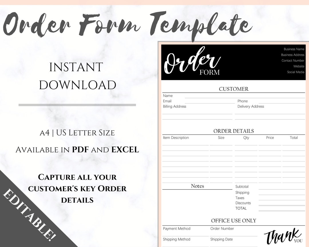 ORDER FORM Invoice Template, EDITABLE Custom Receipt Template ...