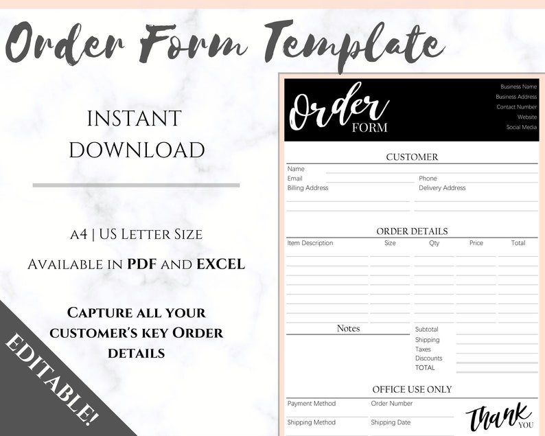 ORDER FORM Invoice Template EDITABLE Custom Receipt Template - Etsy