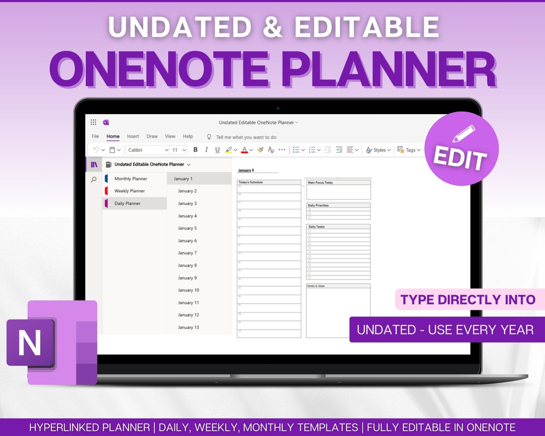 EDITABLE Onenote Planner, UNDATED Digital Planner, Onenote Template ...