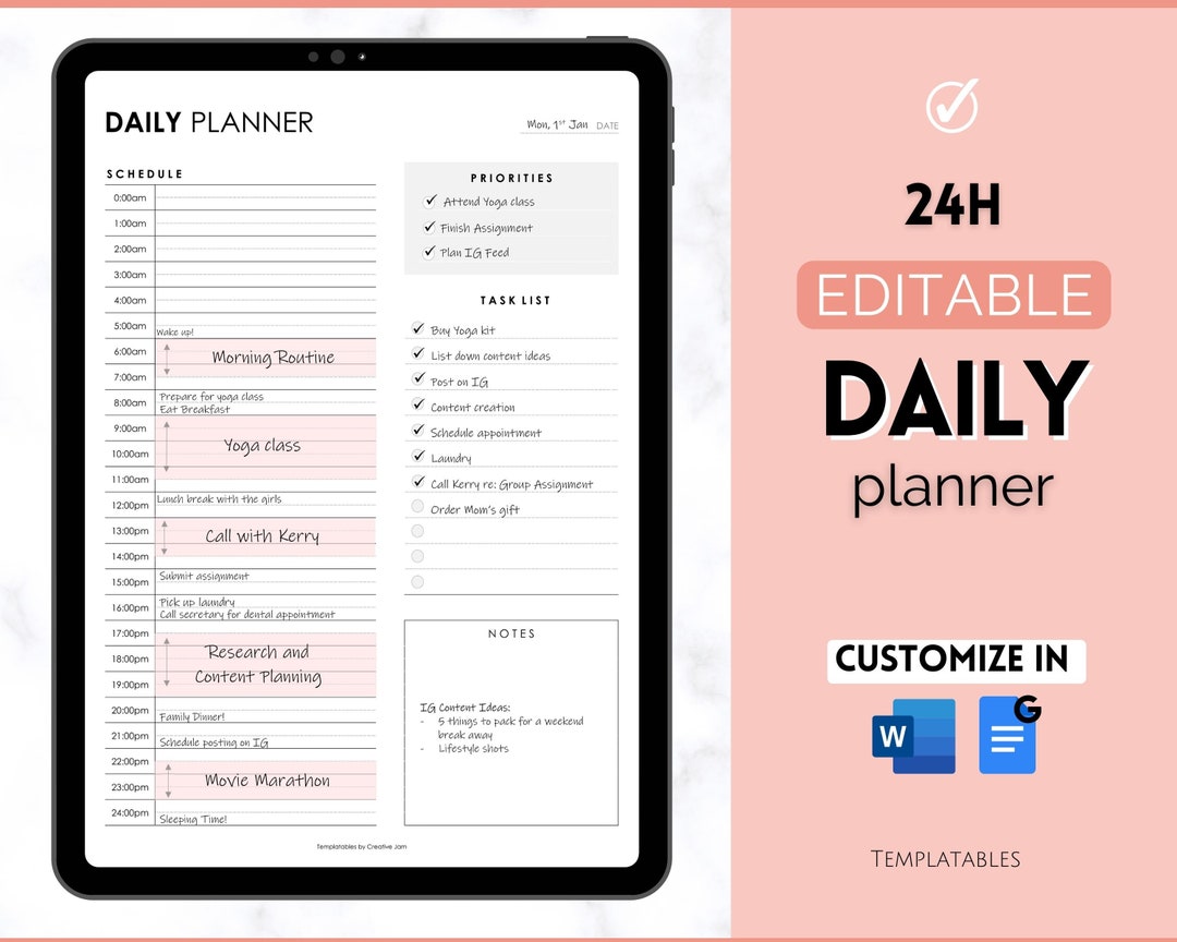 EDITABLE 24 Hour Daily Planner Template, Hourly Planner, to Do List ...