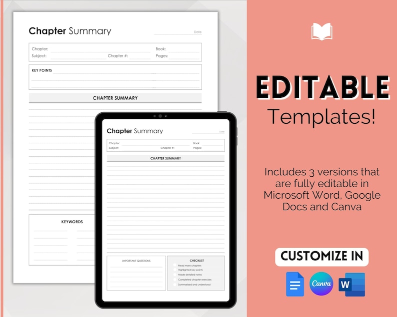 EDITABLE Chapter Summary Template Study Guide Textbook - Etsy