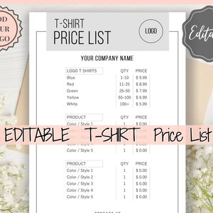 Tshirt PRICE LIST Template Editable. Printable Price Sheet, Price Guide ...