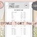 Tshirt PRICE LIST Template Editable. Printable Price Sheet, Price Guide ...