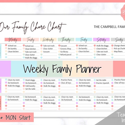 Family Chore Chart Editable Family Planner Printable Weekly - Etsy