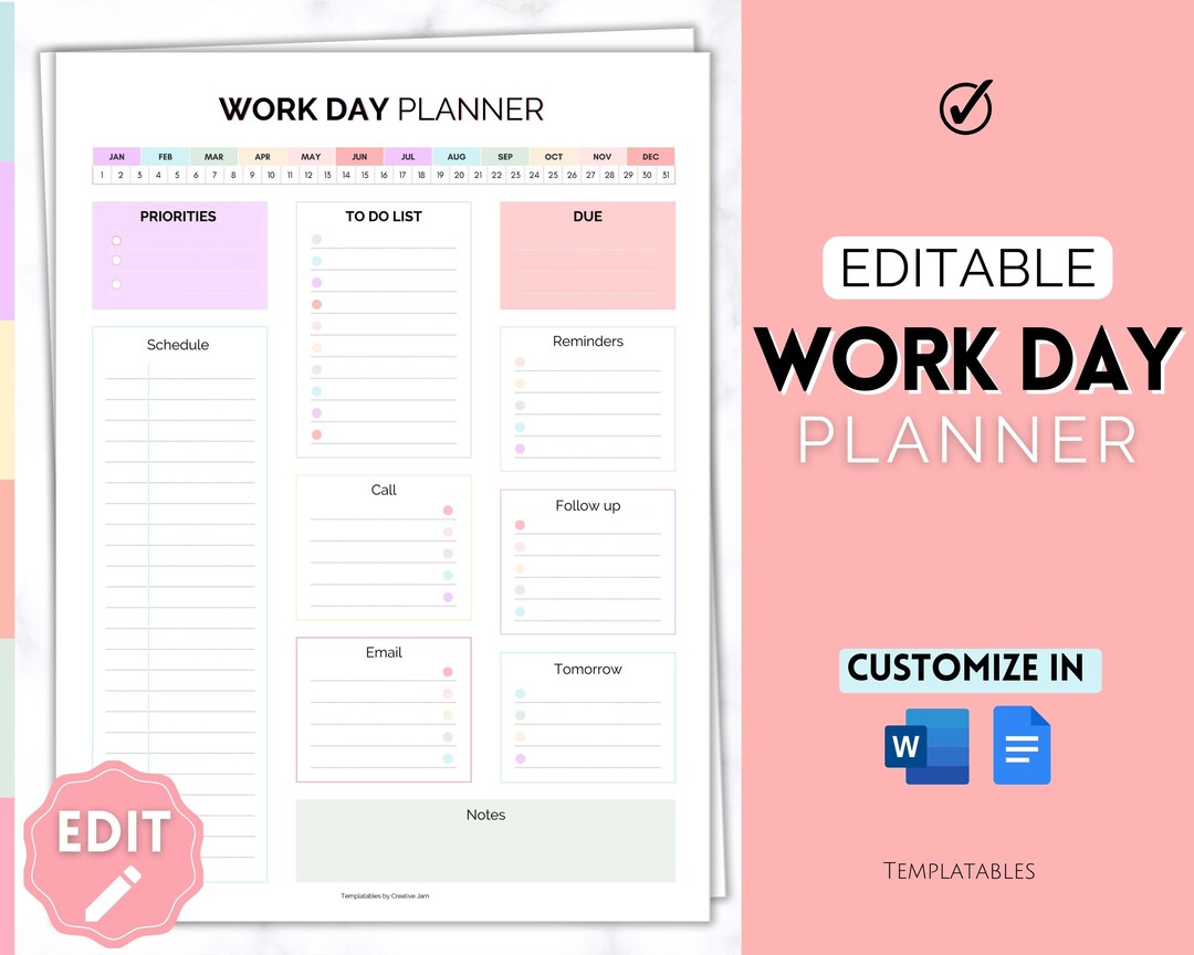 Work Planner, Work Day Organizer, Editable Daily Planner, Work From ...