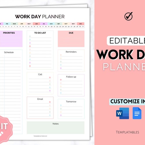 EDITABLE Work Planner Work Day Organizer Editable Daily - Etsy