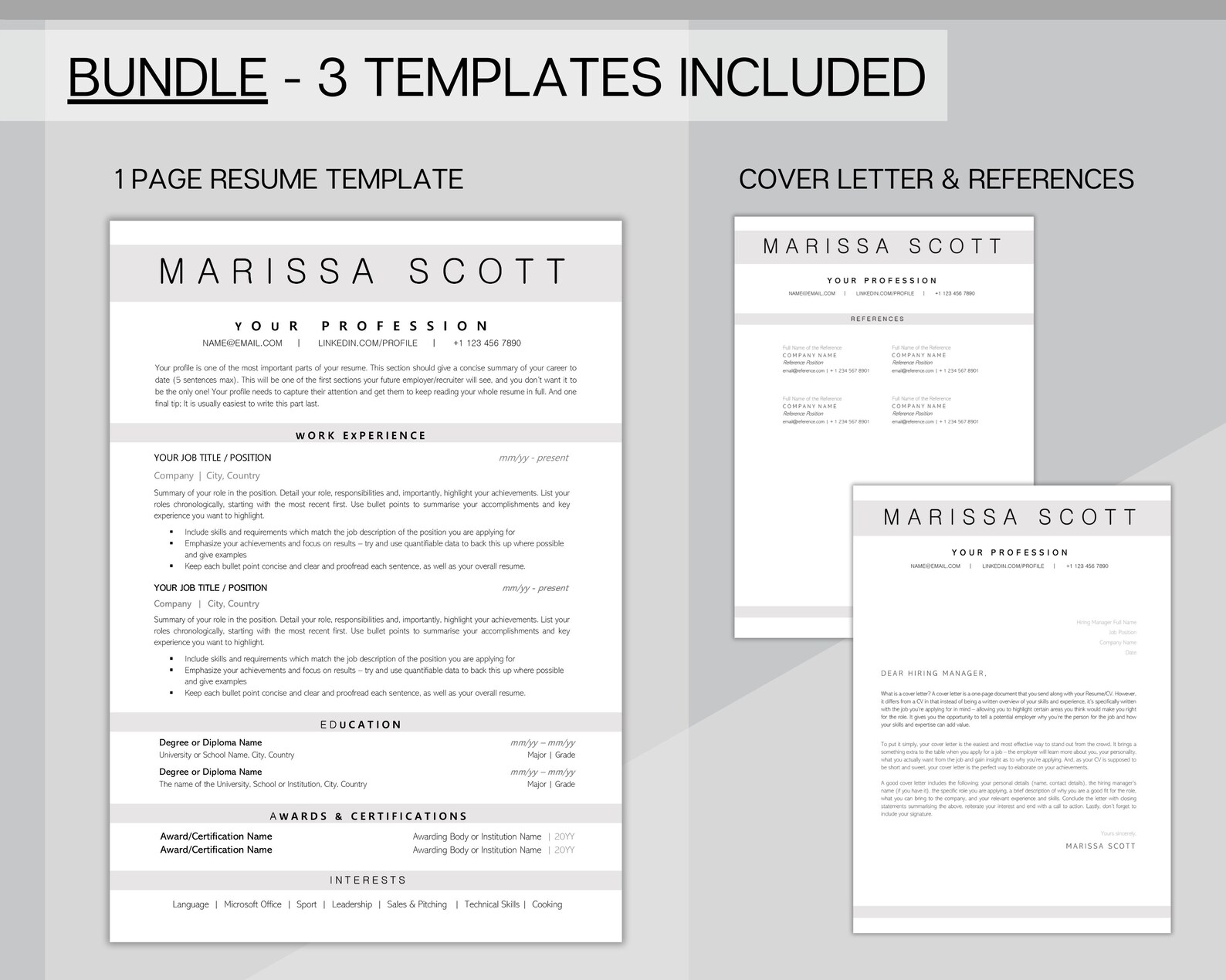 ONE Page Resume Template Word. CV Template Professional Cv | Etsy Canada