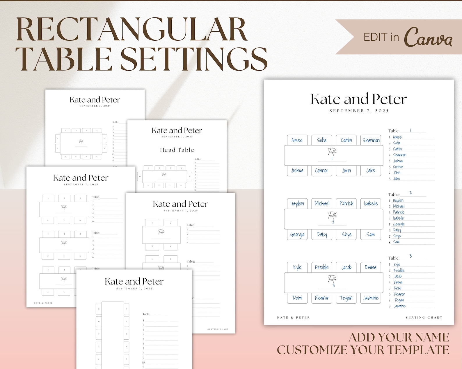 EDITABLE Wedding Seating Chart Templates, Round & Rectangle Tables ...