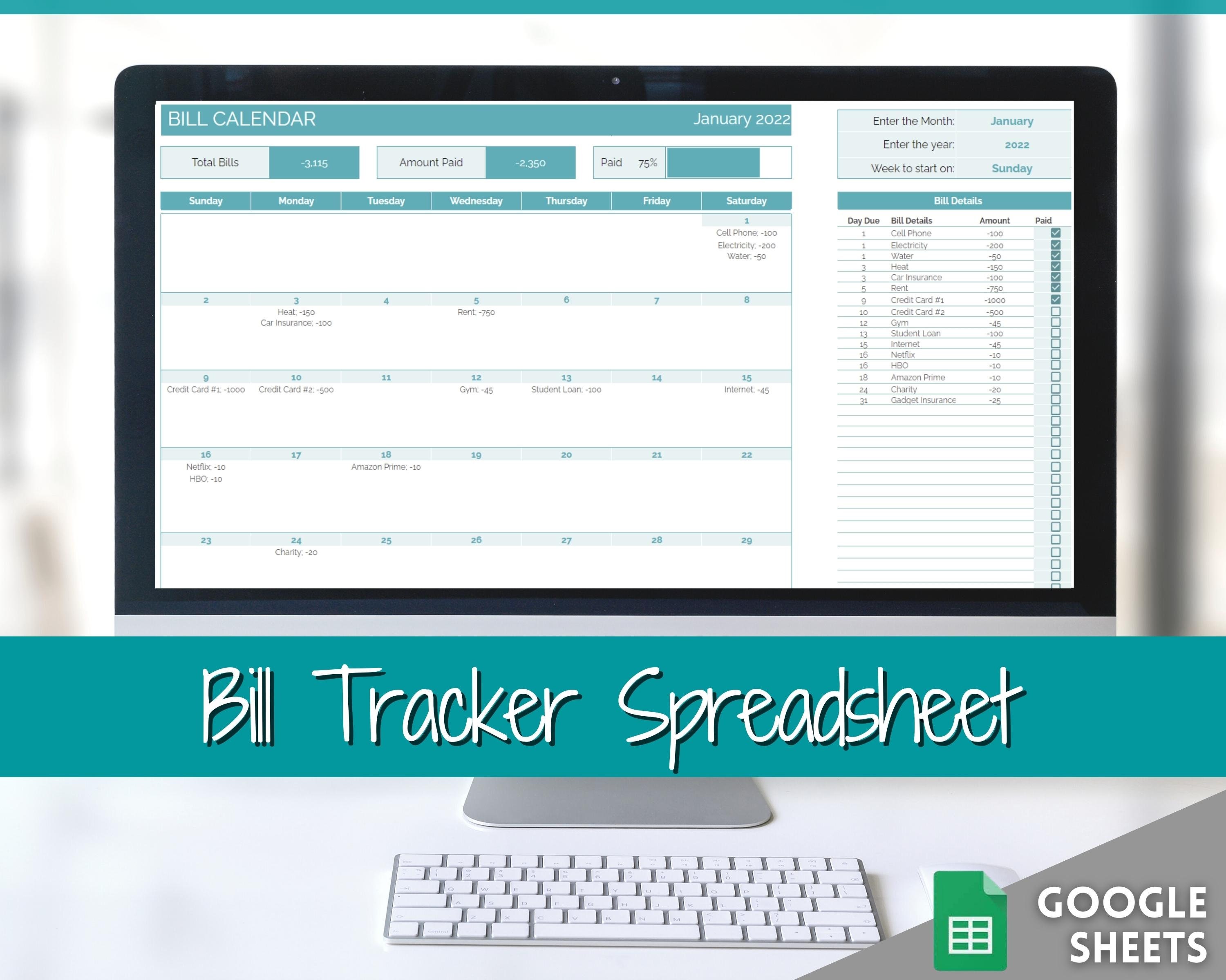 GOOGLE SHEETS Bill Payment Tracker Monthly Bill Calendar - Etsy