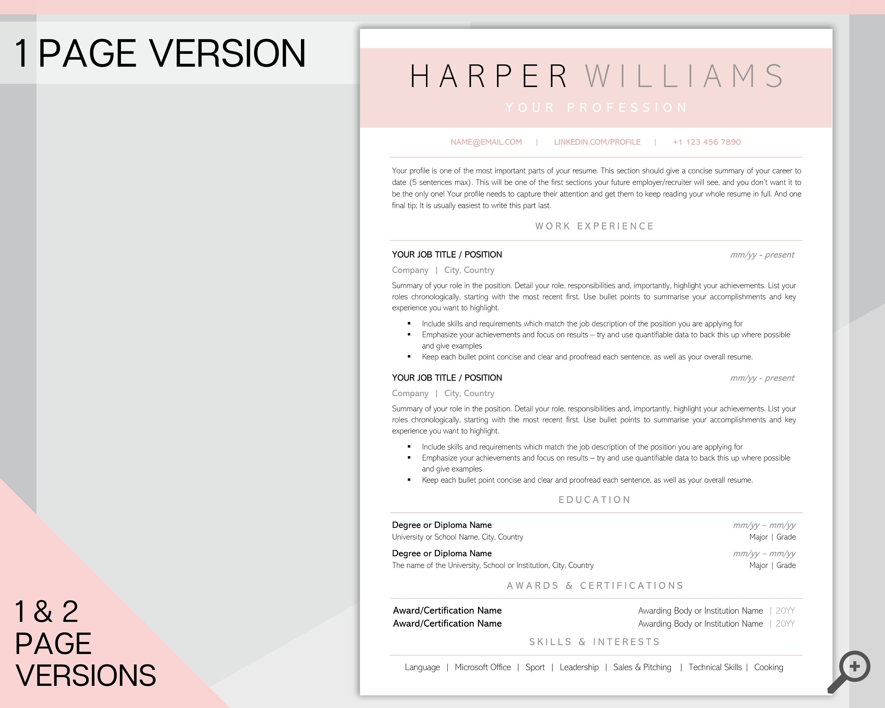 2 Page Resume Template Word. CV Template Professional CV - Etsy UK