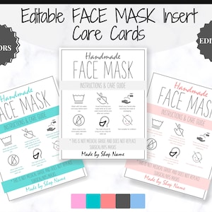EDITABLE Face Mask LABEL Care Card, Labels for Handmade Items, Face ...