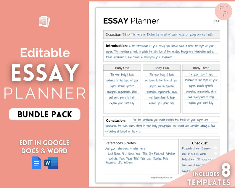 EDITABLE Essay Planner Bundle, Student Essay Writing Template, College ...