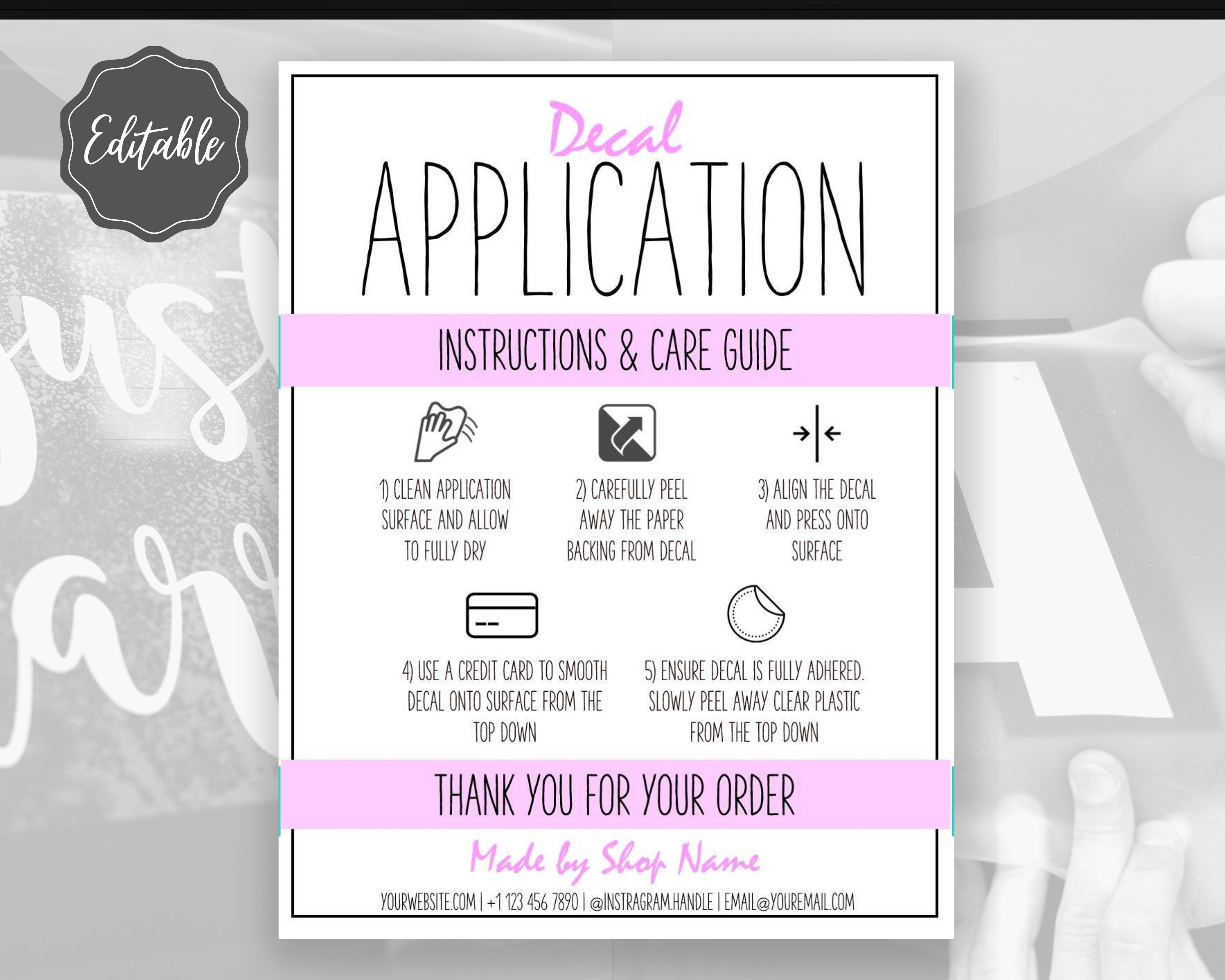 EDITABLE Vinyl Decal Care Card Instructions Printable Decal - Etsy
