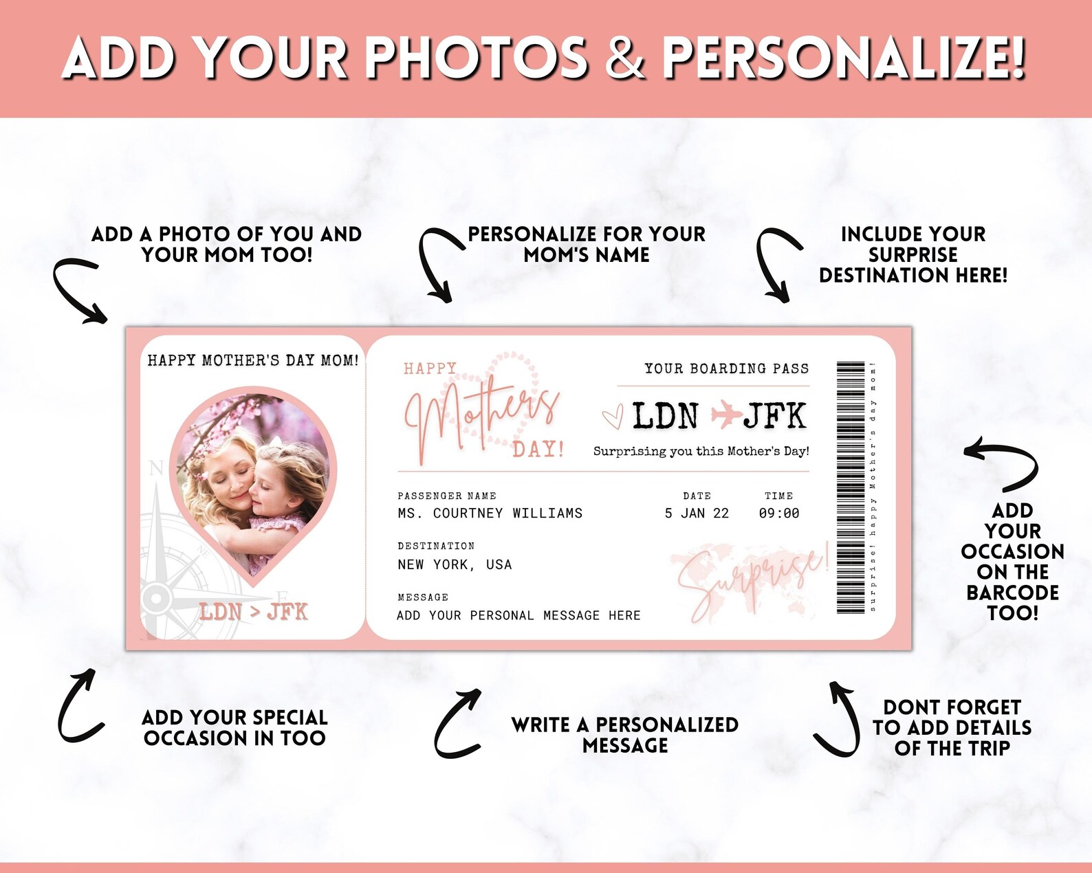 MOTHERS DAY Boarding Ticket Template, Surprise Boarding Pass for Mom ...
