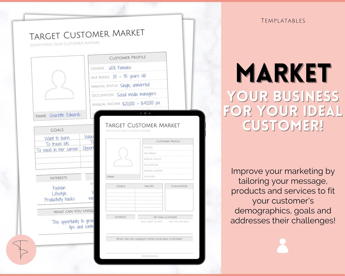 Customer Avatar Worksheet, Target Customer Market Template, Client ...