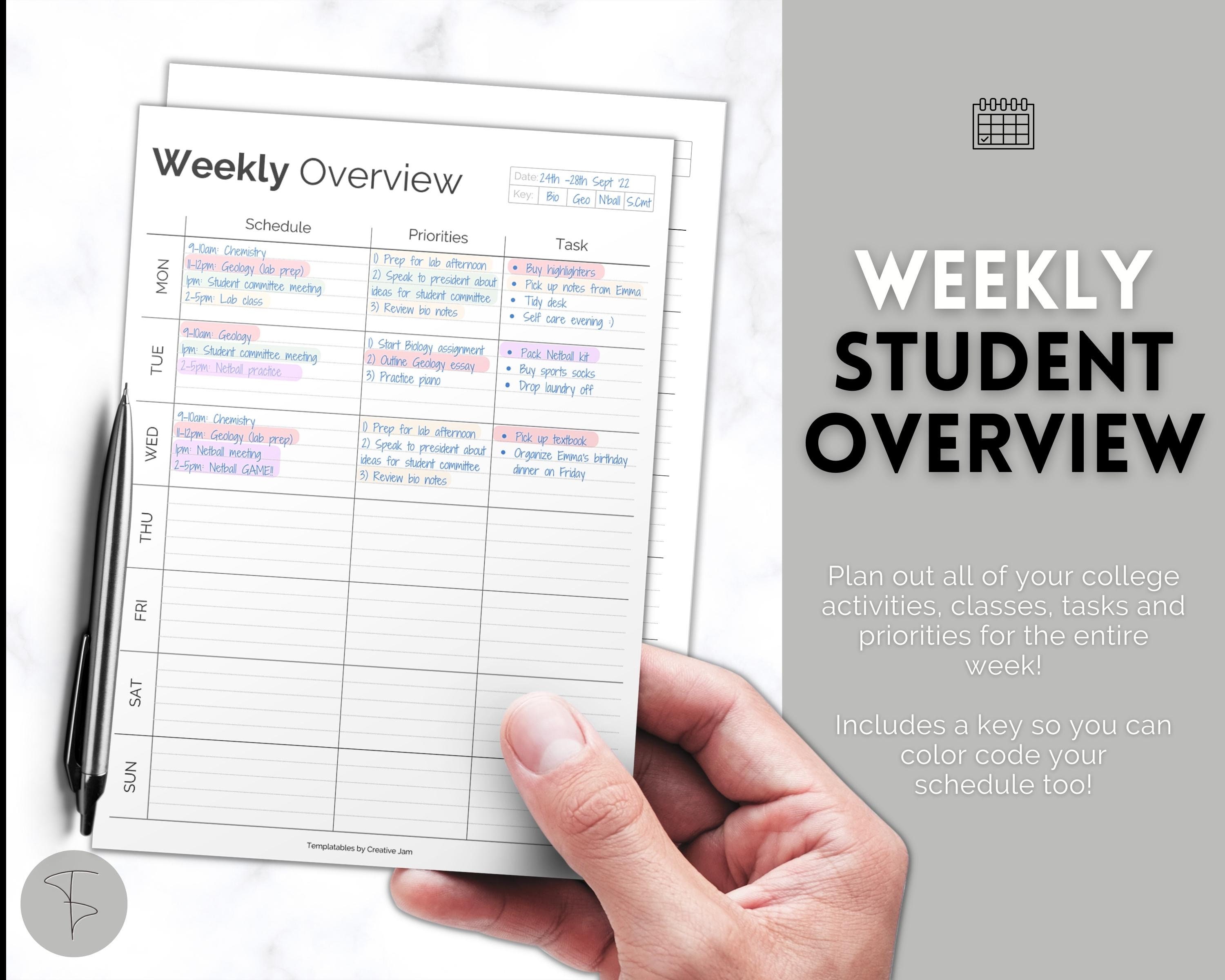 Student Planner, Printable College Weekly Schedule, College Student ...
