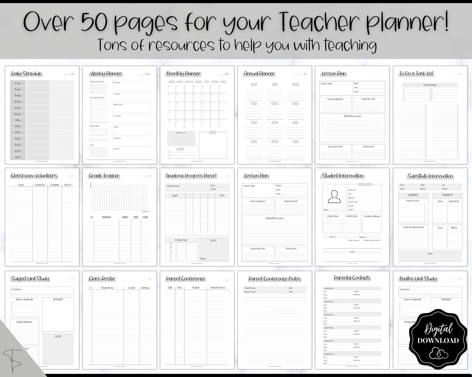 TEACHER Planner Printable, 50+ Pg BUNDLE, Homeschool Teacher, Academic ...