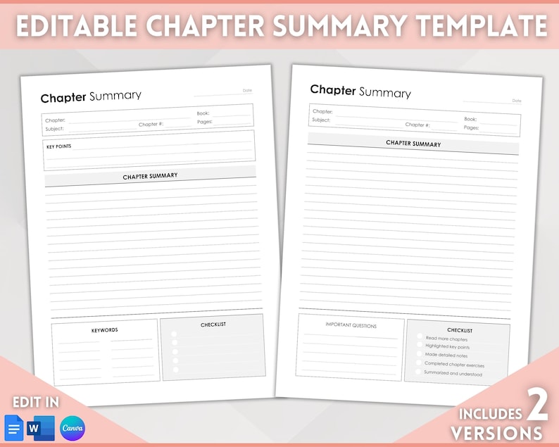 EDITABLE Chapter Summary Template Study Guide Textbook - Etsy