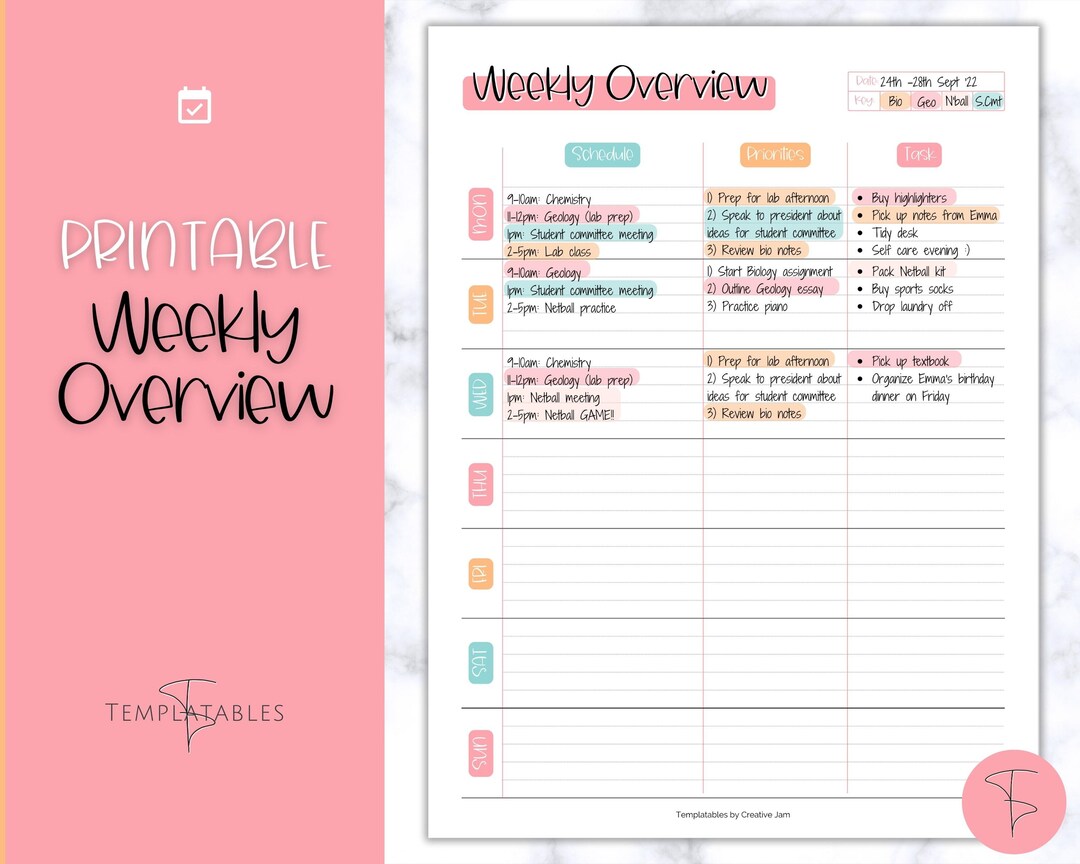 Student Planner, Printable College Weekly Schedule, College Student ...
