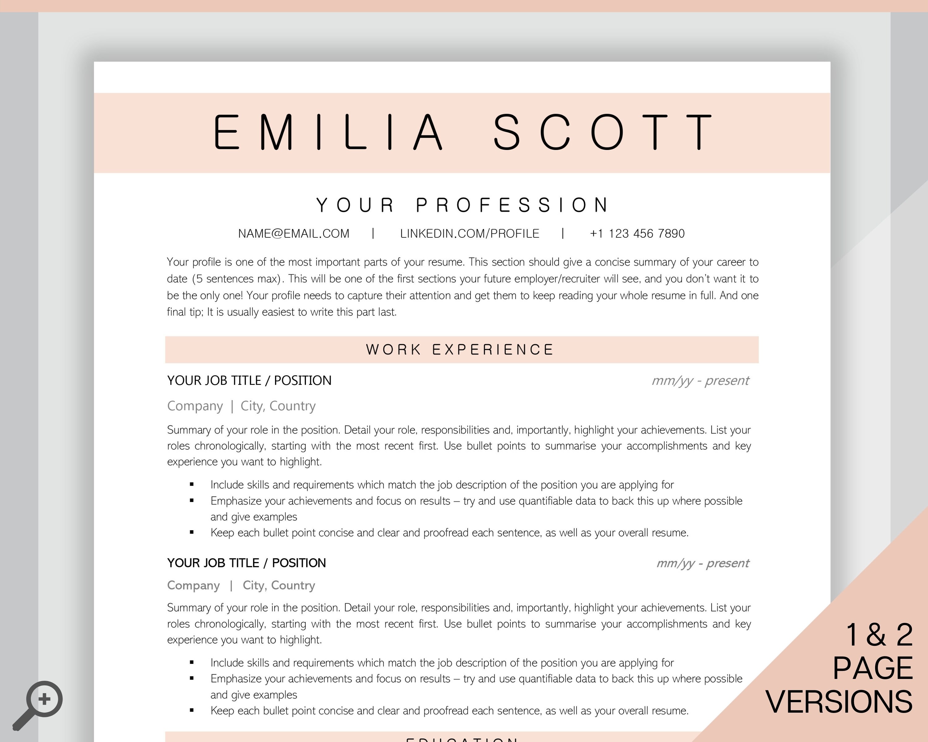 ONE Page Resume Template Word. CV Template Professional Cv - Etsy UK