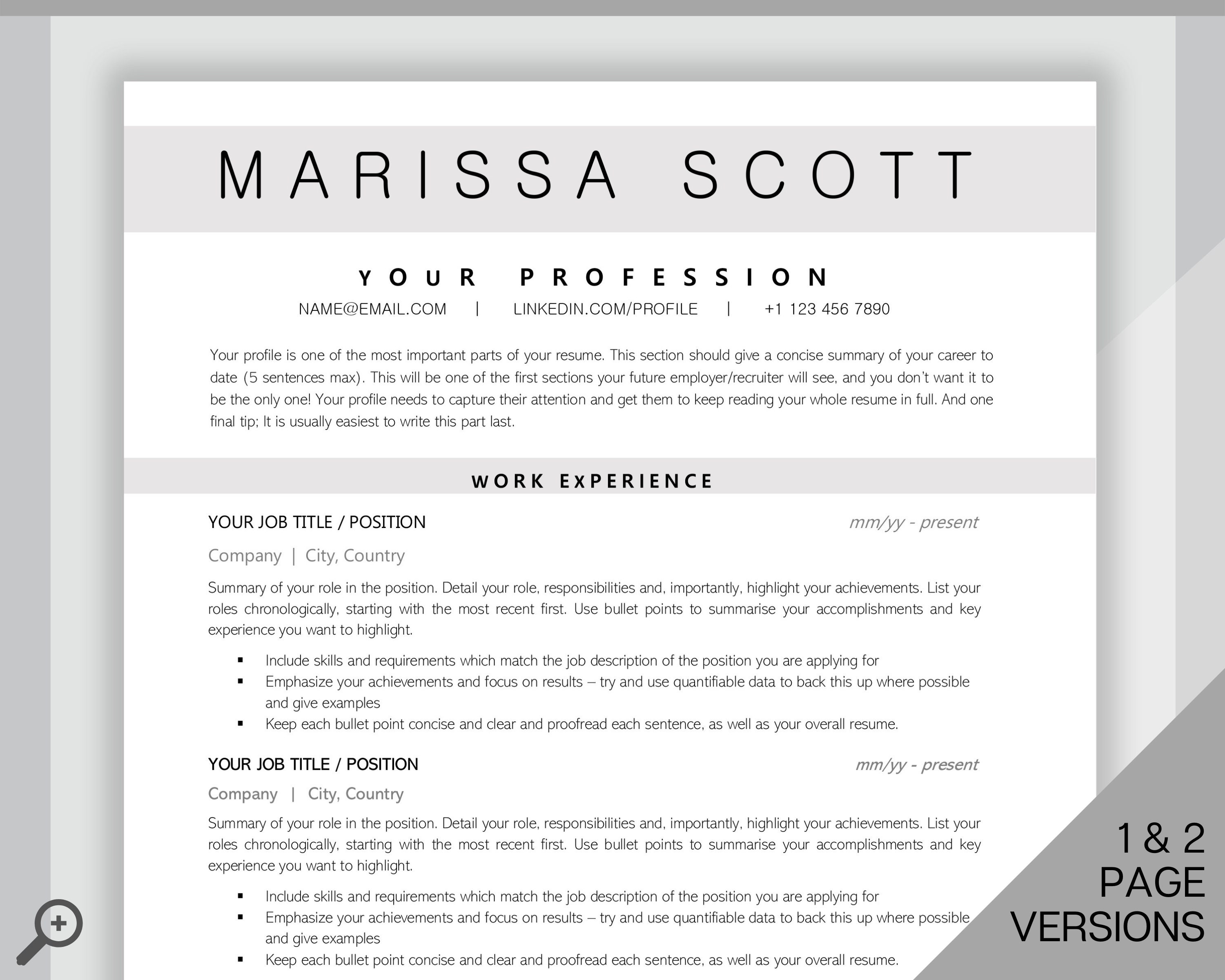 2 Page Resume Template Word. CV Template Professional CV | Etsy