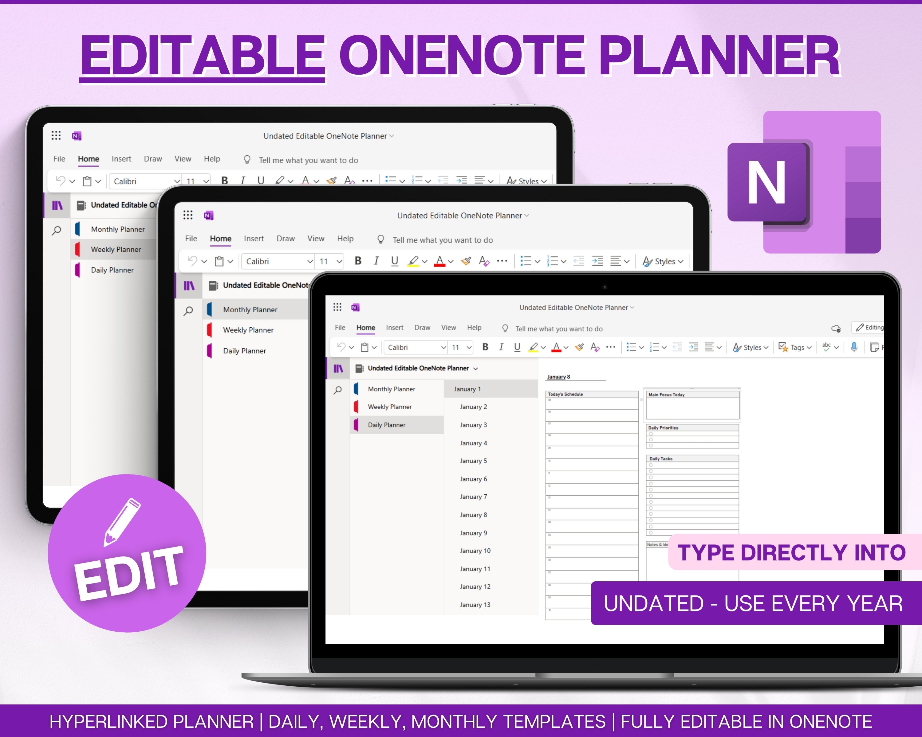 EDITABLE Onenote Planner, UNDATED Digital Planner, Onenote Template ...