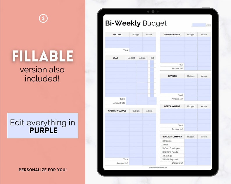 Biweekly Budget Planner EDITABLE Bi-weekly Template PDF - Etsy