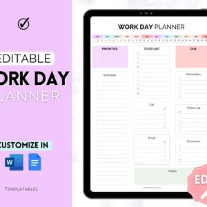 Work Day Organizer, Editable Daily Planner, Work From Home to Do List ...