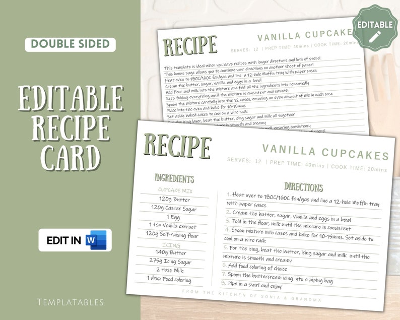 EDITABLE Recipe Card Template, Recipe Template, Recipe Cards Printable ...