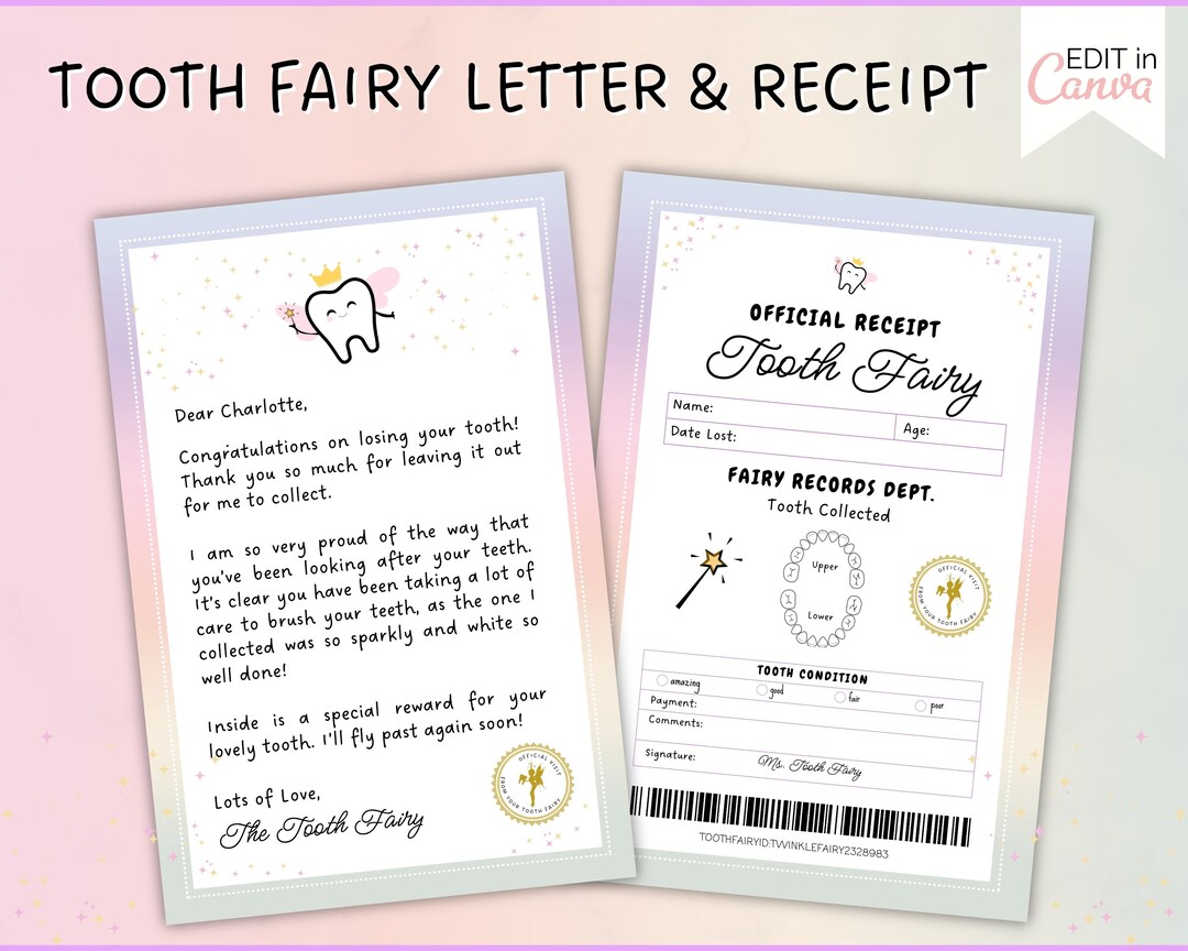 Tooth Fairy Letter, EDITABLE Tooth Fairy Receipt Template With Note ...