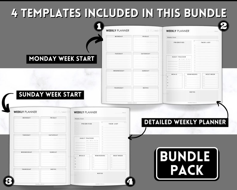 Printable Weekly Planner Template BUNDLE Week at a Glance - Etsy