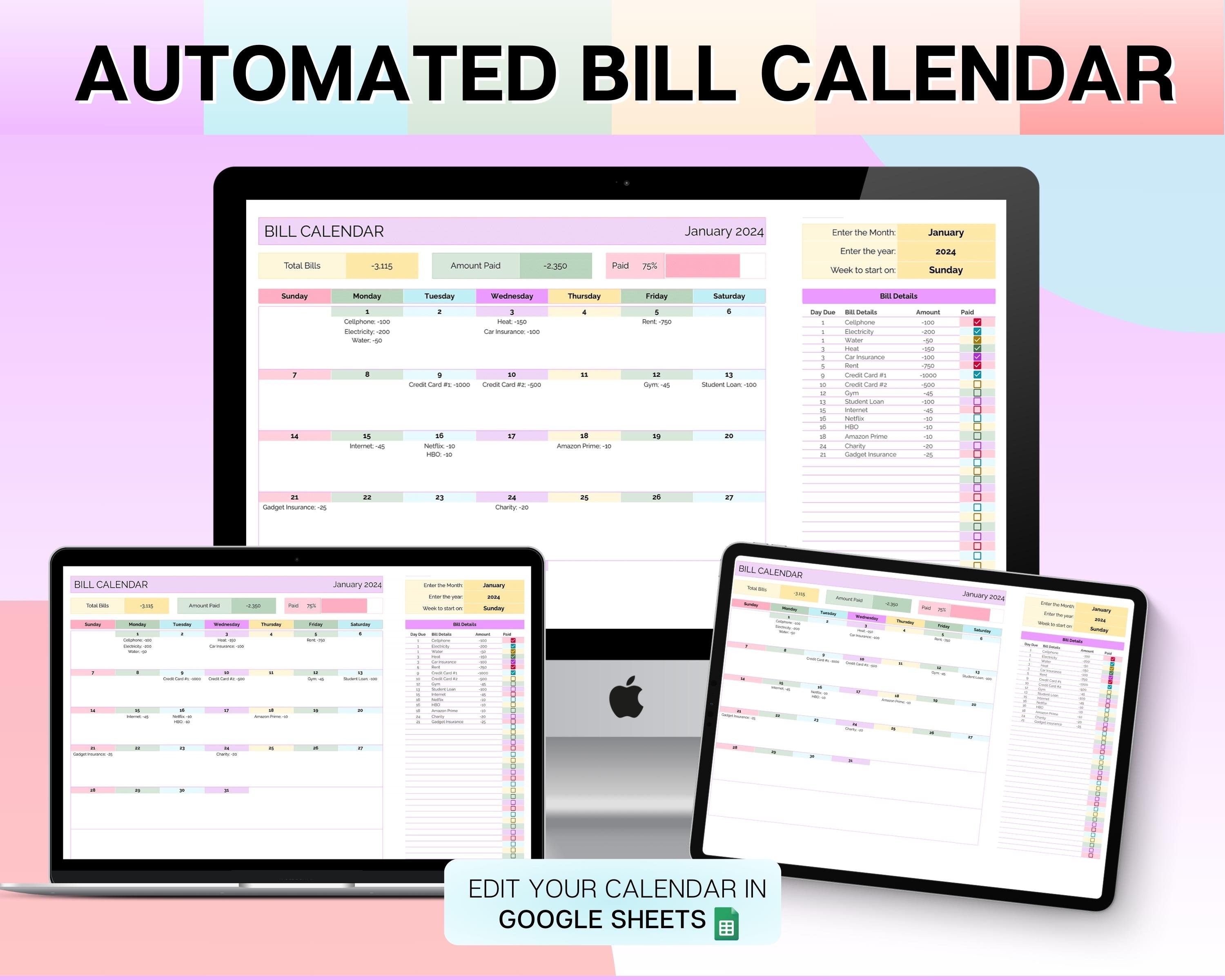 COLORFUL Bill Payment Calendar, Google SHEETS Spreadsheet, Automated ...