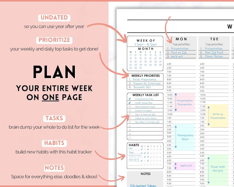 Weekly Hourly Planner Printable Weekly Schedule Daily - Etsy