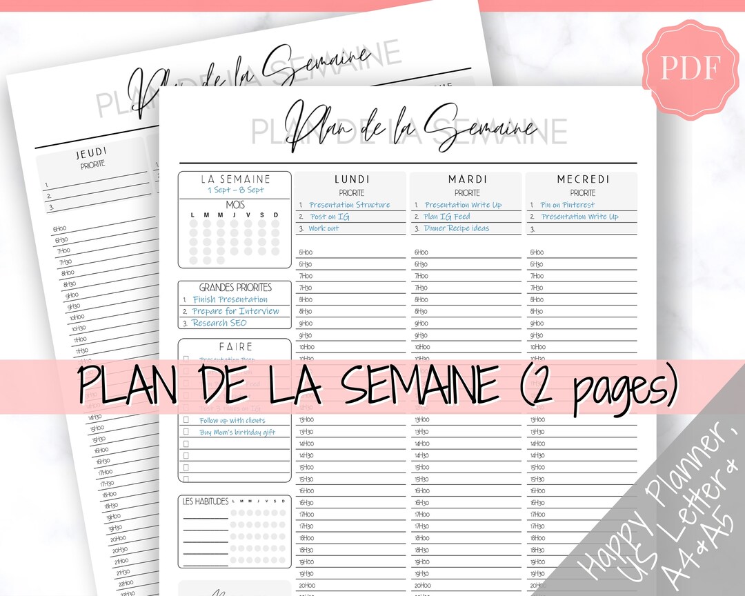 FRENCH Weekly Planner Printable, Français, Hourly Planner, Plan De La ...