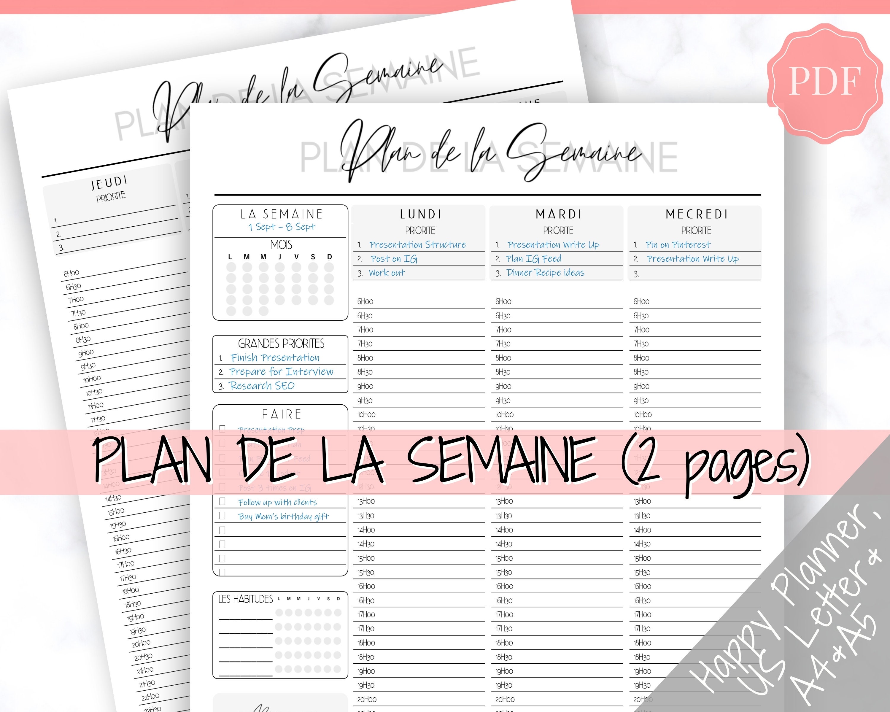 FRENCH Weekly Planner Printable Français Hourly Planner - Etsy