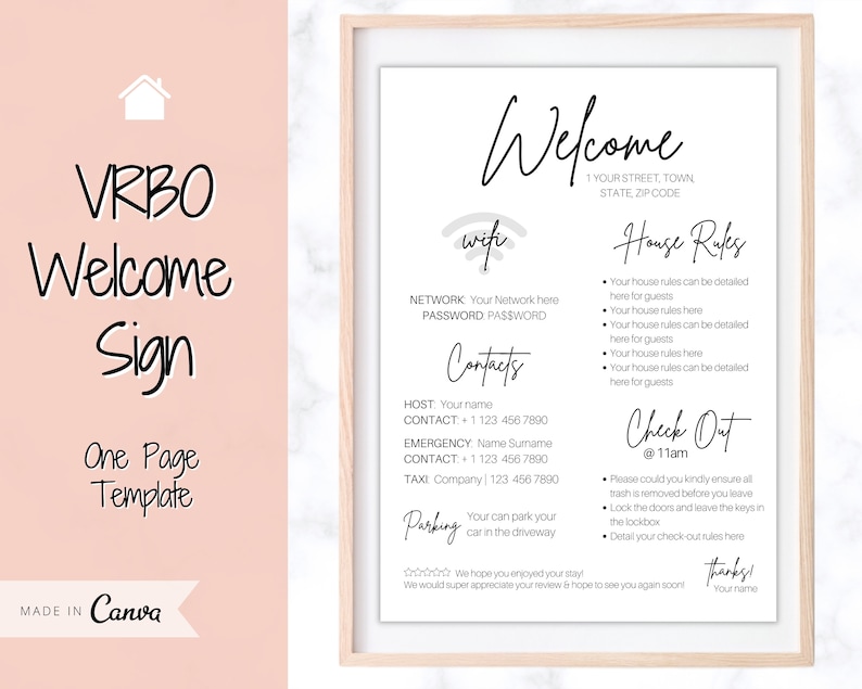 1 Page VRBO Welcome Poster Template Airbnb Welcome Book Wifi - Etsy