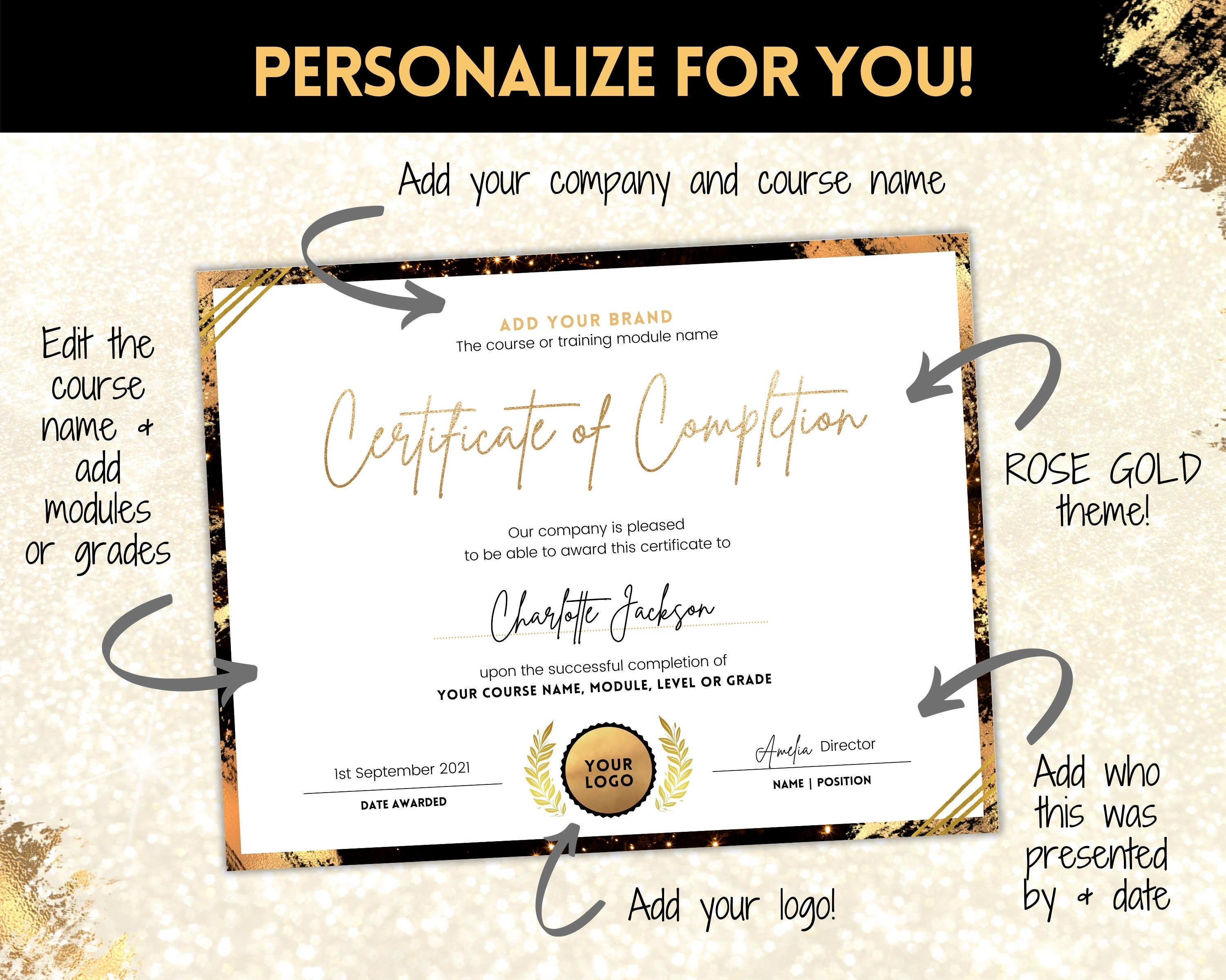 Certificate of Completion Template Editable GOLD Certificate - Etsy Canada