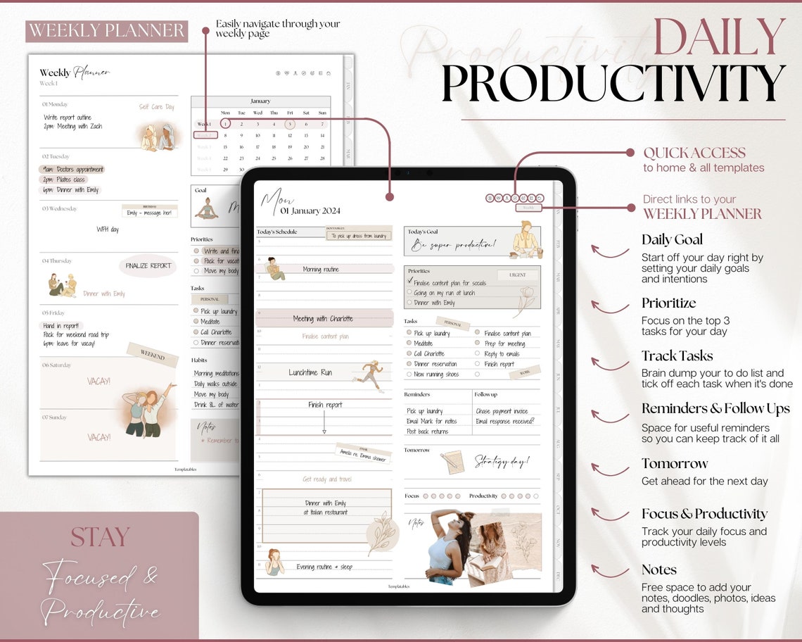 Digital Productivity Planner, 2024 - 2025 Digital Planner, Daily to Do ...