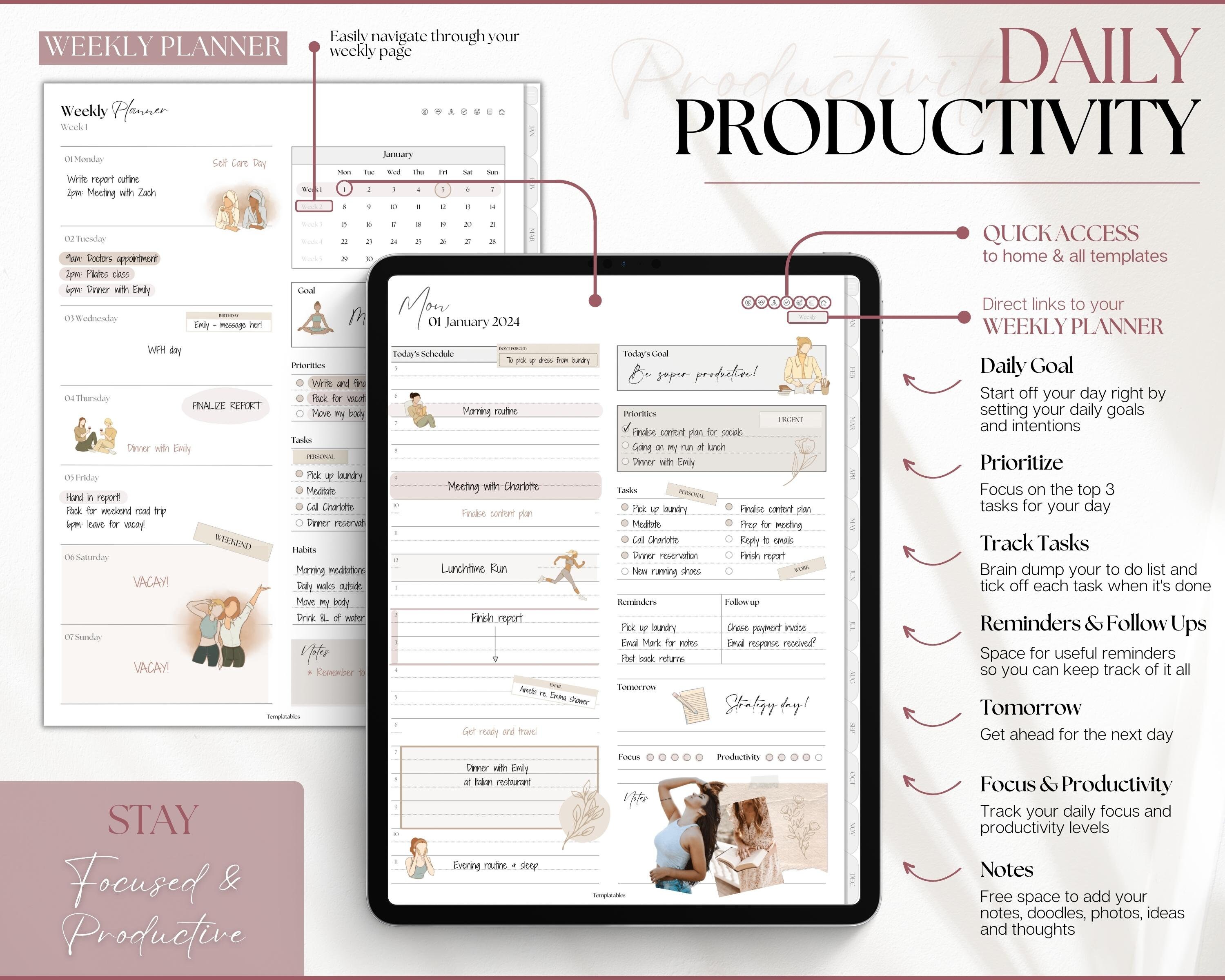 Digital Productivity Planner, 2024 - 2025 Digital Planner, Daily to Do ...