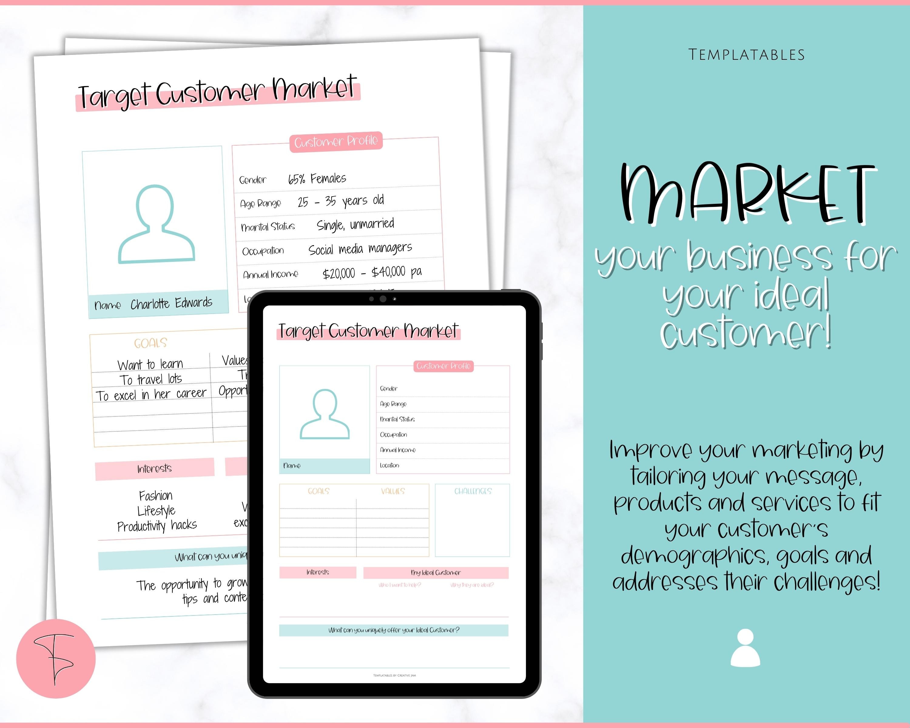 Target Customer Market Template, Customer Avatar Worksheet, Client ...